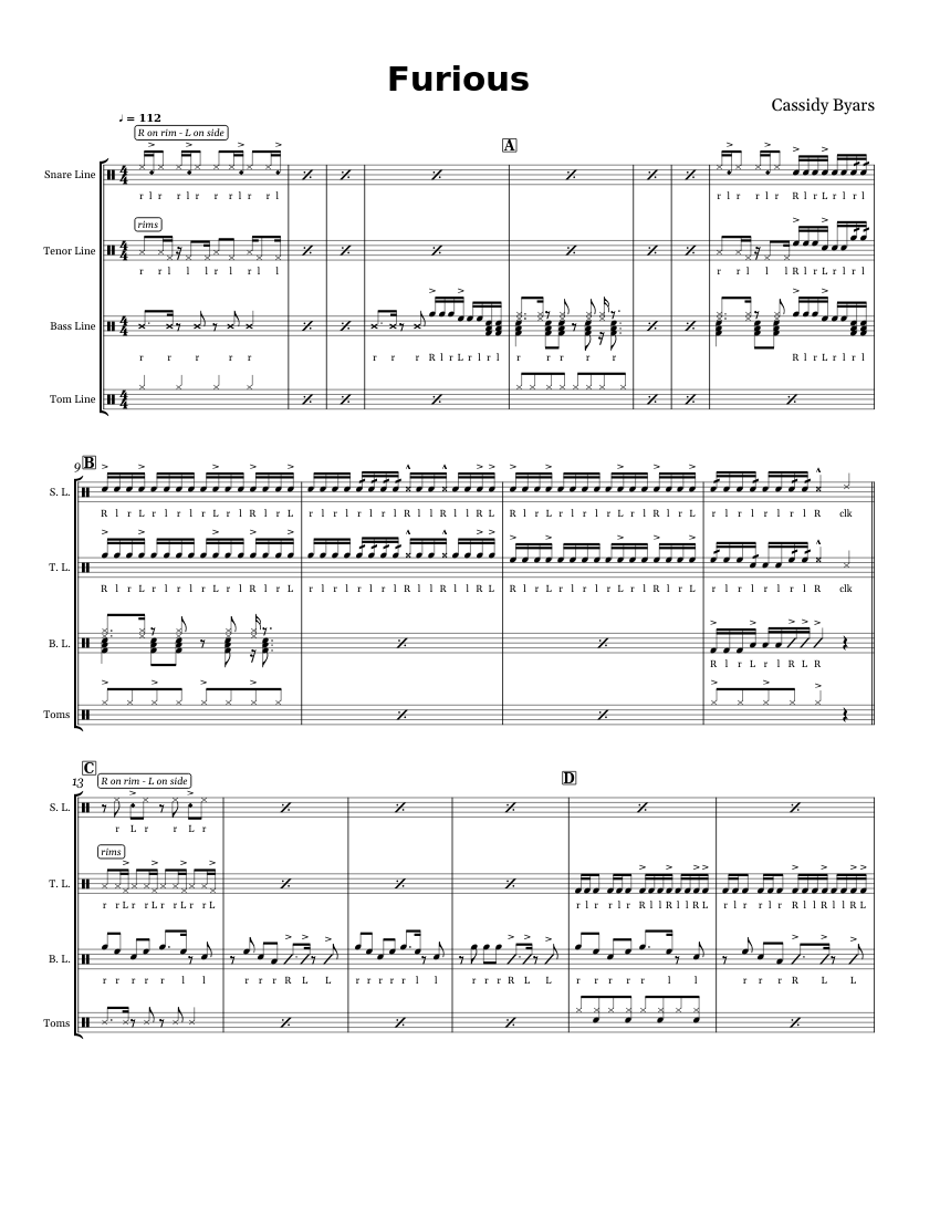 Furious Sheet Music for Snare drum, Tenor drum, Bass drum (Percussion ...