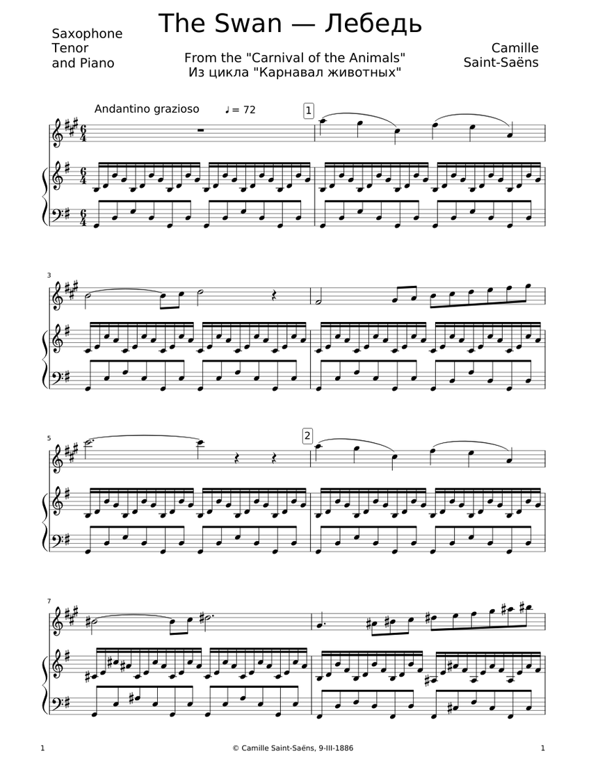 Saint-Saens – The Swan – Sax Tenor & Piano Sheet Music for Saxophone ...