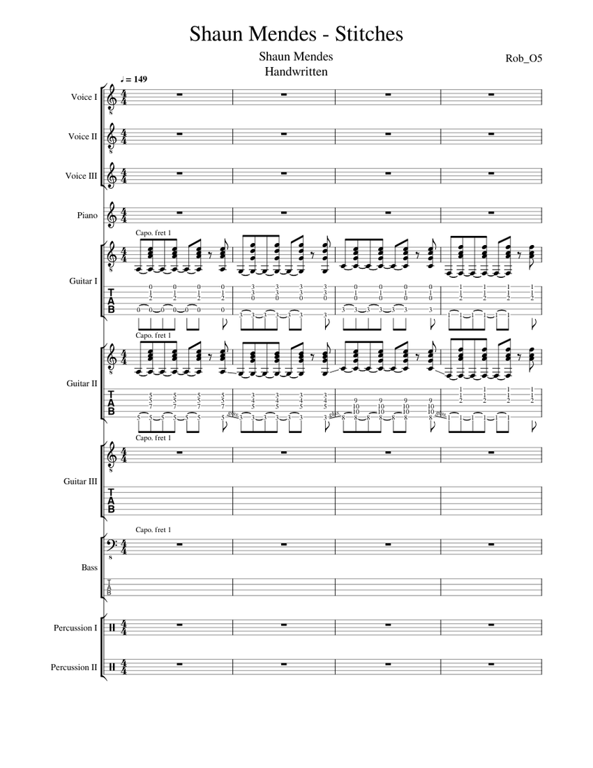 Shawn Mendes - Stitches Sheet Music and Tab for Piano, Bass guitar ...