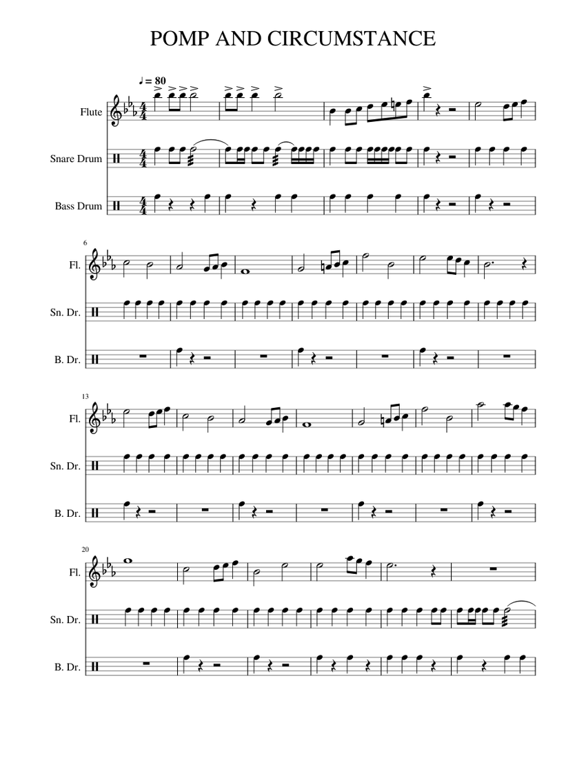 POMP AND CIRCUMSTANCE Sheet music for Flute, Snare drum, Bass drum ...