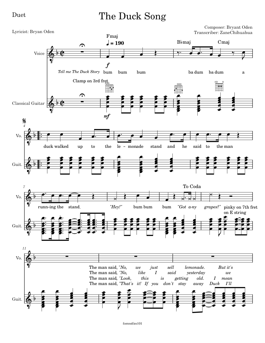 The Duck Song Sheet Music with Chords for Vocals, Guitar (Mixed Duet ...