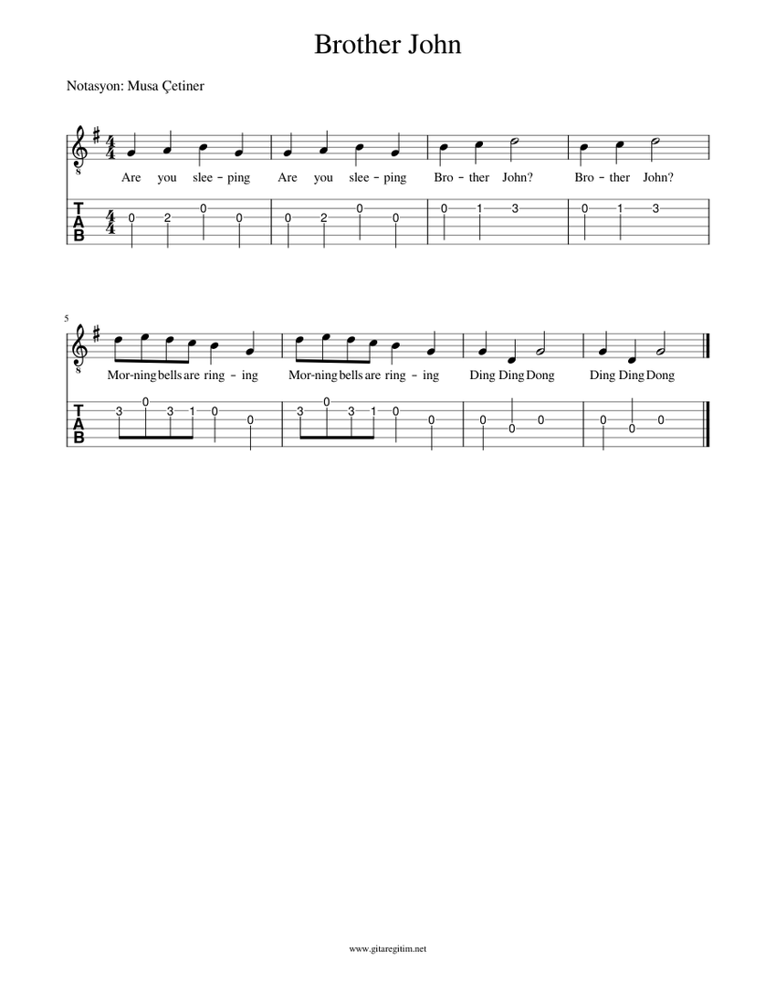 Brother John Sheet Music and Tab for Guitar (Solo) | MuseScore.com