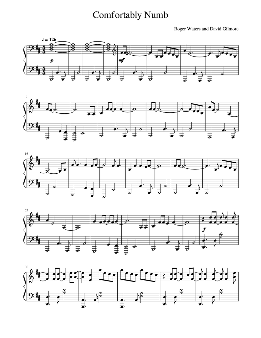 Comfortably Numb Sheet Music for Piano (Solo) | MuseScore.com