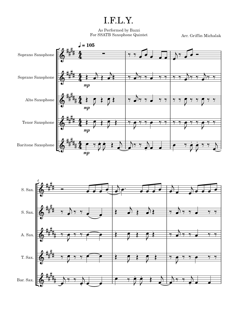 Ifly – Bazzi SSATB Saxophone Quintet Sheet music for Saxophone alto ...