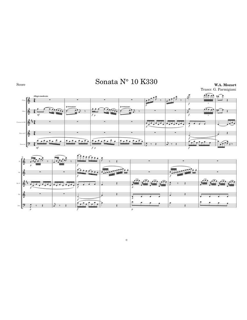 MOZART - Sonata N° 10 K330 (WW Quintet) Sheet Music with Chords for ...