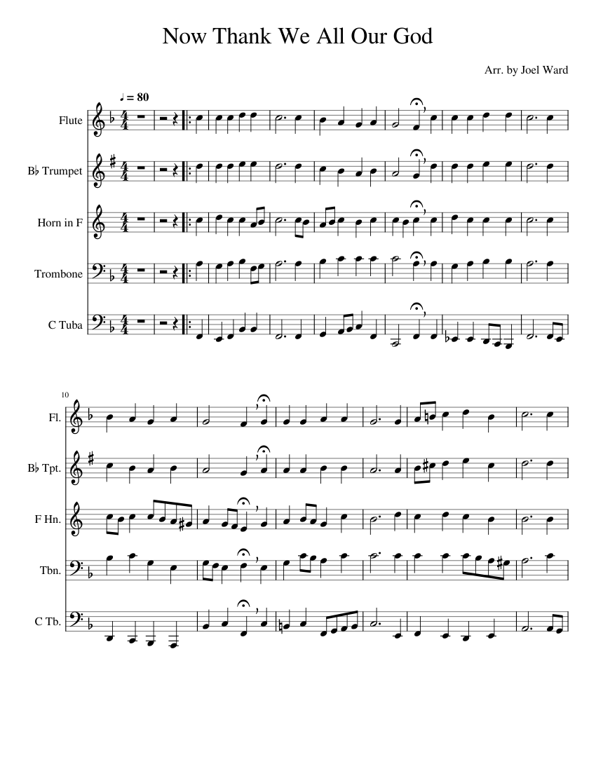 Now Thank We All Our God Sheet music for Trombone, Tuba, Flute, Trumpet ...