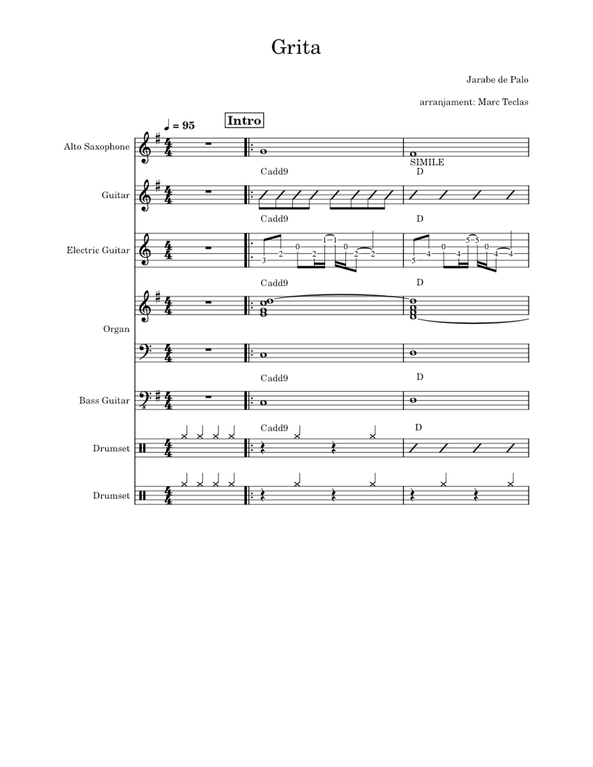 Grita – Jarabe de Palo Sheet music for Piano, Saxophone alto, Guitar ...