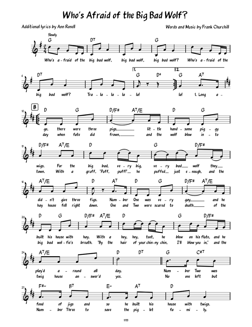 Who's Afraid Of The Big Bad Wolf? (Lead sheet with lyrics ) Sheet Music ...