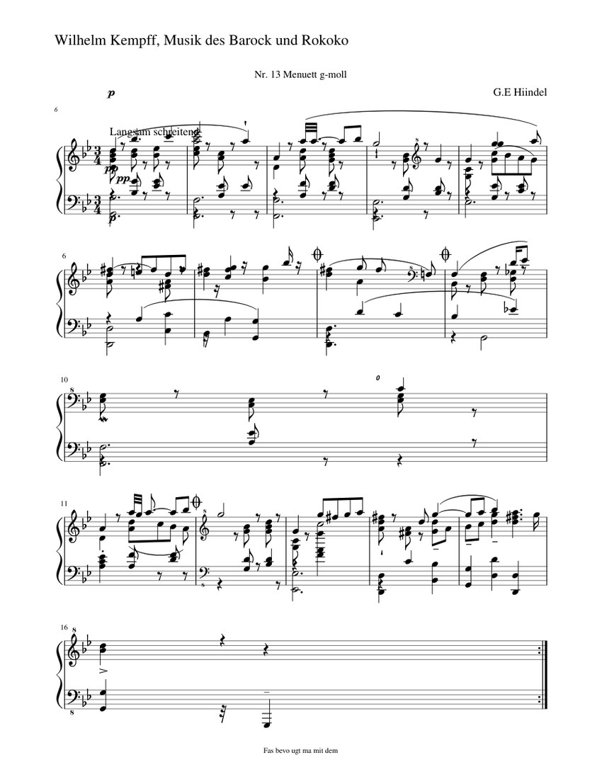 Suite in B-Flat Major, HWV 434: IV. Menuet Sheet Music for Piano (Solo ...