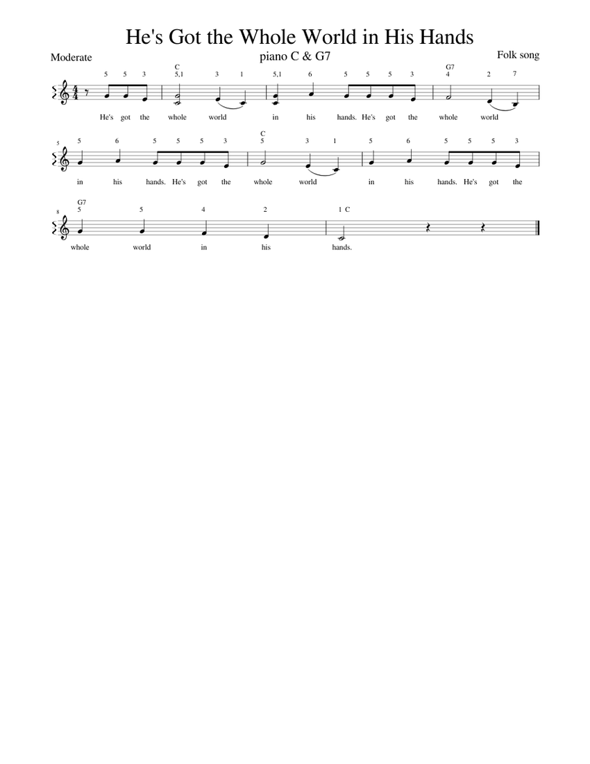He s Got the Whole World in His Hands C Sheet Music for Piano (Solo ...