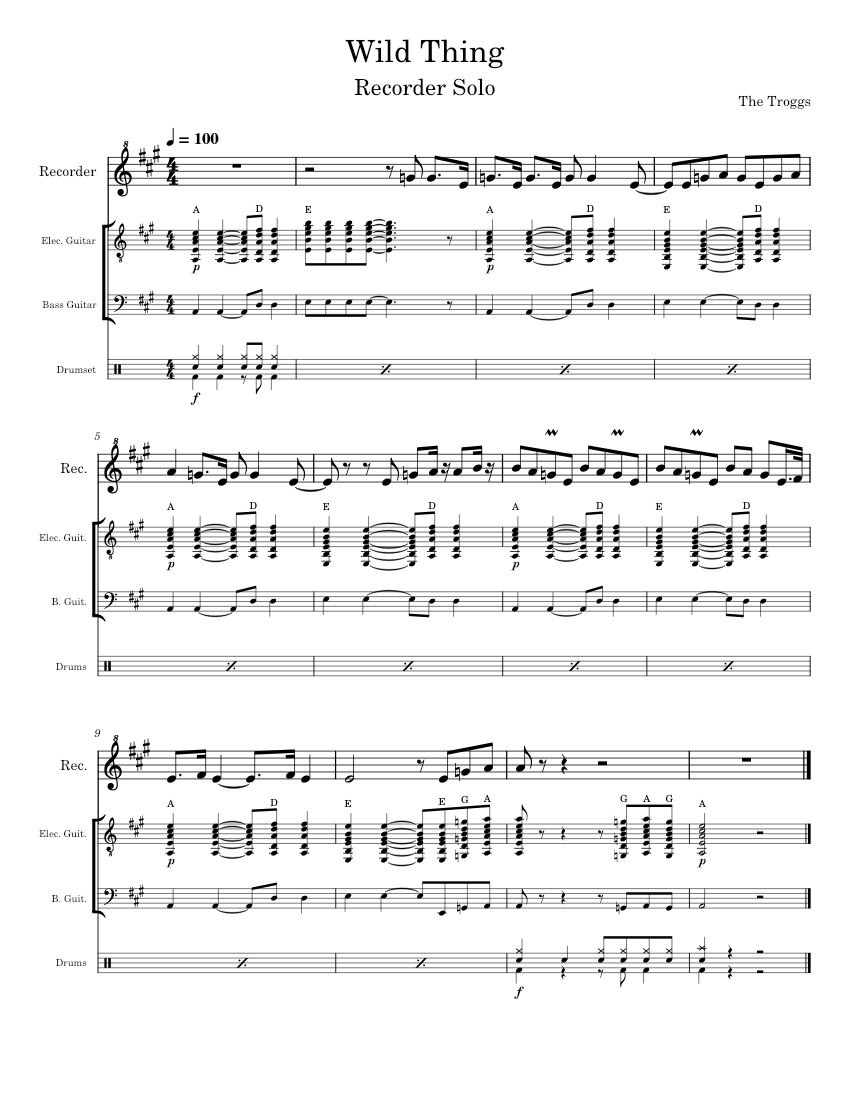 Wild Thing (Troggs) - recorder solo Sheet Music with Chords for Guitar ...