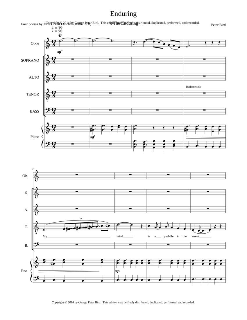 Enduring - Peter Bird Sheet music for Piano, Oboe, Bass guitar (Mixed ...