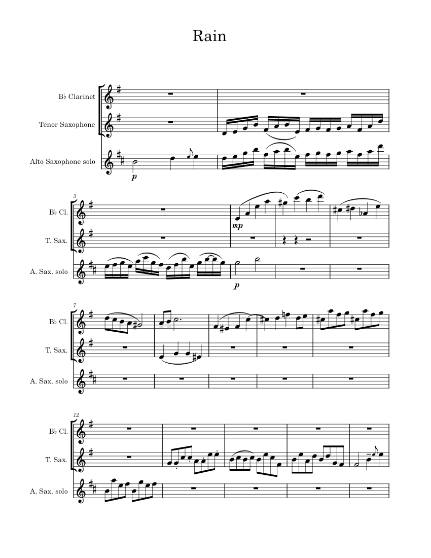 Rain Sheet music for Clarinet in b-flat, Saxophone alto, Saxophone tenor (Mixed Trio ...