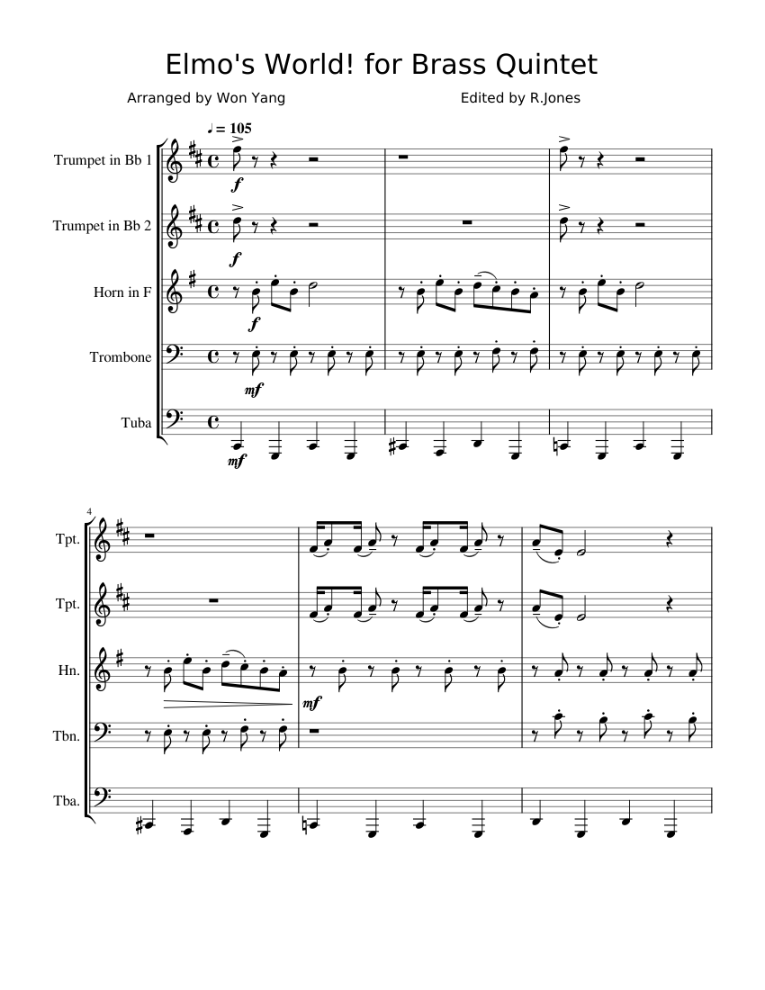 Elmo's World! for Brass Quartet Sheet Music for Trombone, Tuba, Trumpet ...