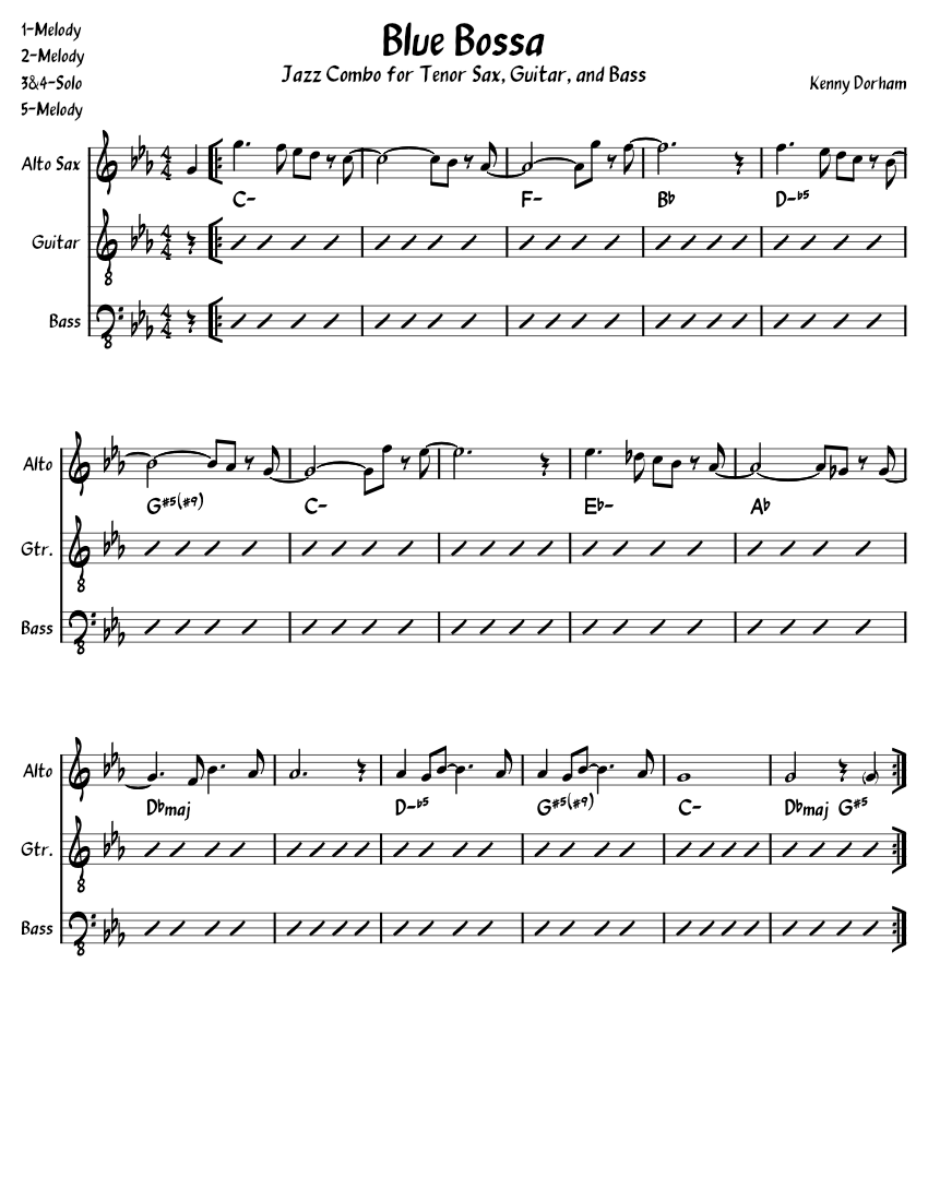 Blue Bossa Sheet music for Saxophone alto, Guitar, Bass guitar (Mixed ...