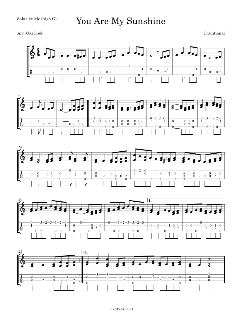 You Are My Sunshine – Traditional Sheet Music and Tab for Ukulele (Solo ...