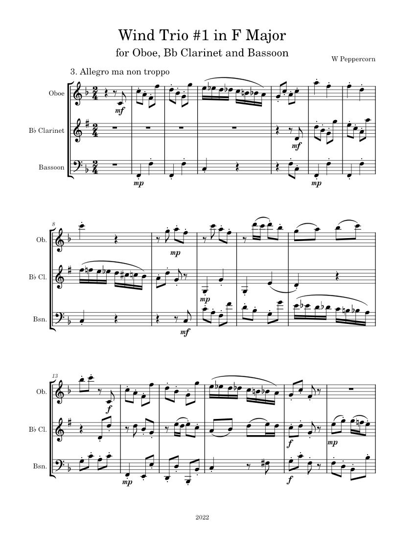 Wind Trio #1 3 Allegro ma non troppo Sheet music for Oboe, Clarinet in ...