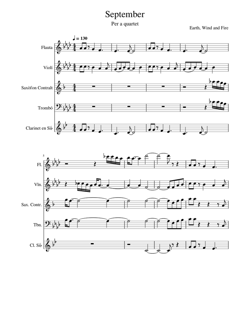 September Sheet music for Trombone, Flute, Clarinet in b-flat ...