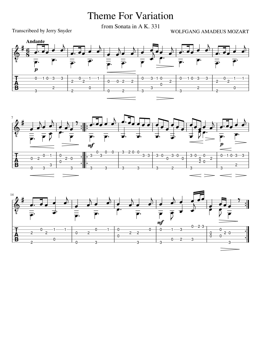 Theme For Variation (MOZART) Sheet music for Guitar (Solo) | Musescore.com