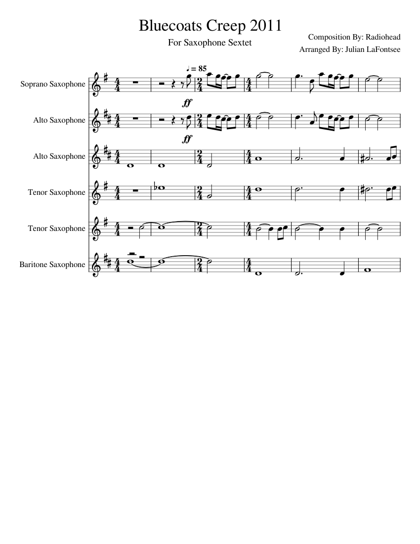Bluecoats Creep 2011 Sheet Music for Saxophone alto, Saxophone tenor ...