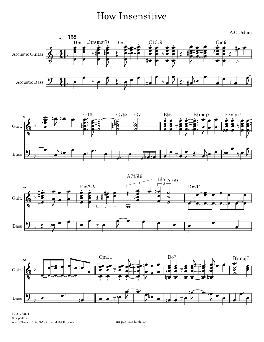 How Insensitive – Antonio Carlos Jobim Sheet Music with Chords for ...
