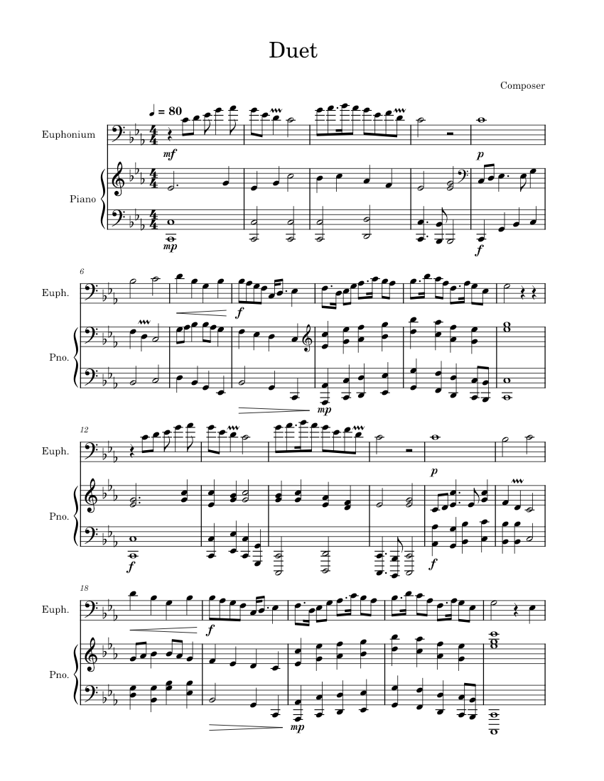 Euphonium Duet Sheet Music for Piano, Euphonium (Mixed Duet ...