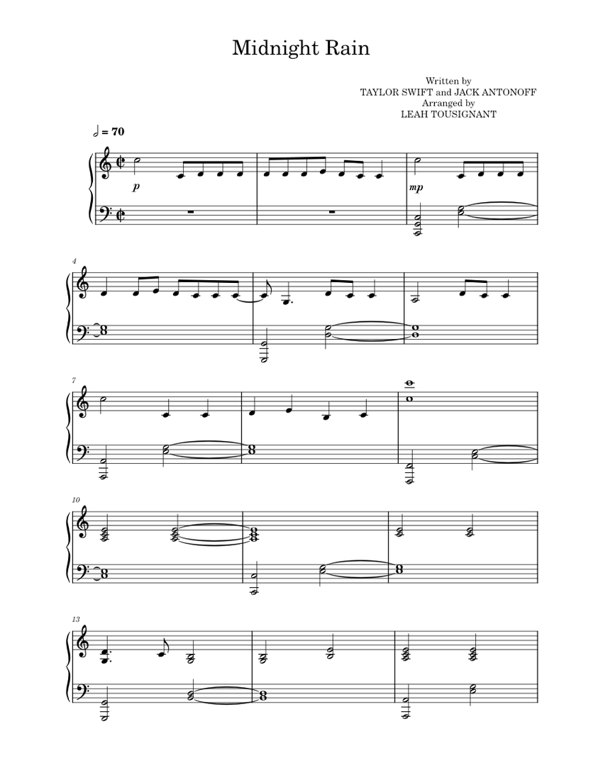 Midnight Rain – Taylor Swift (Sample) Sheet Music for Piano (Solo ...