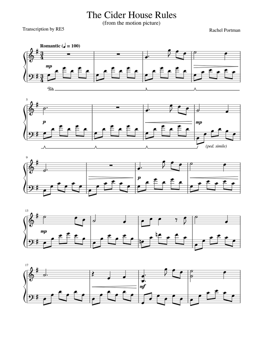 The Cider House Rules – Rachel Portman Sheet Music for Piano (Solo ...