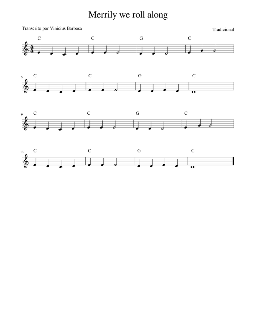 Merrily we roll along - Tradicional Sheet Music with Chords for Piano ...