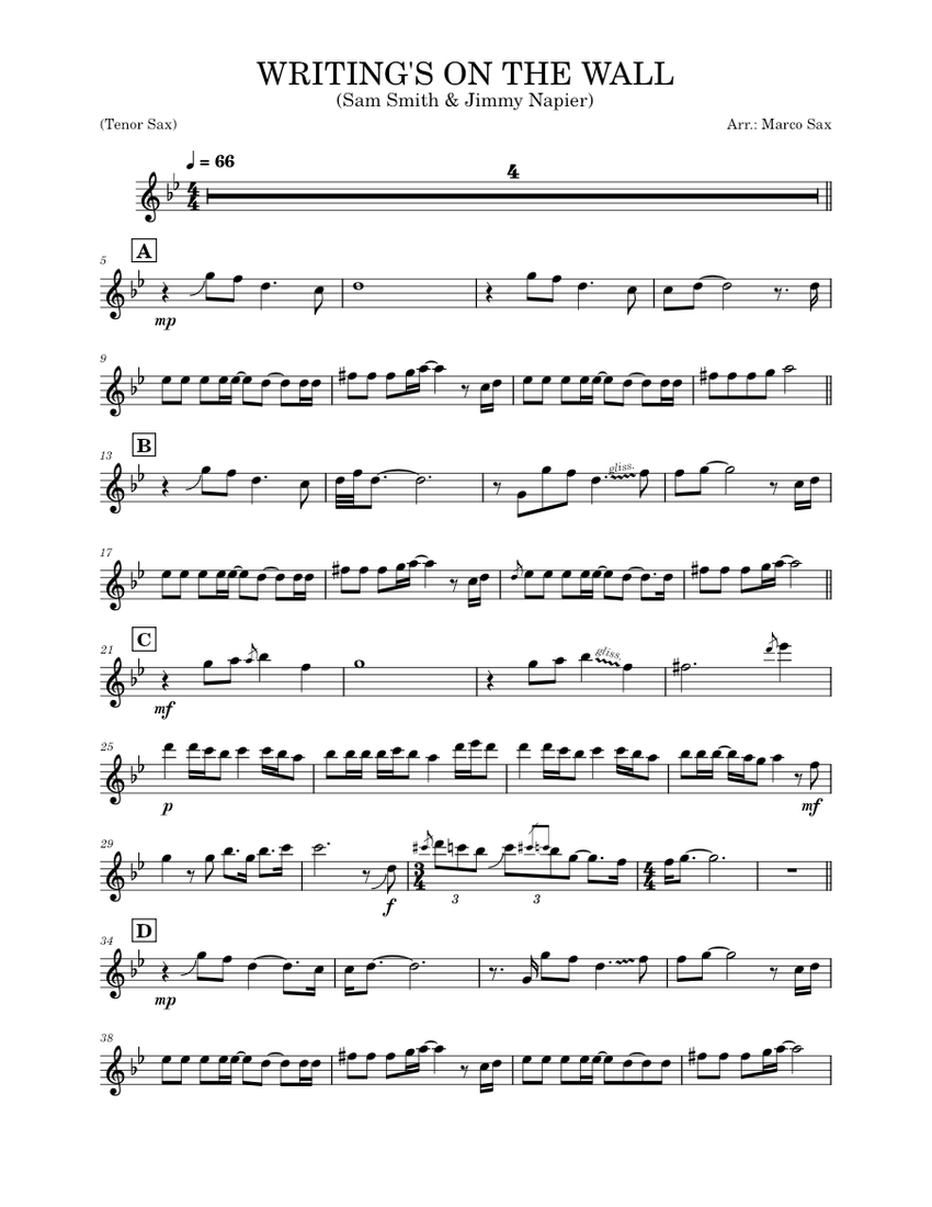 Writing's on the wall – Sam Smith (Tenor Sax) Sheet Music for Saxophone ...