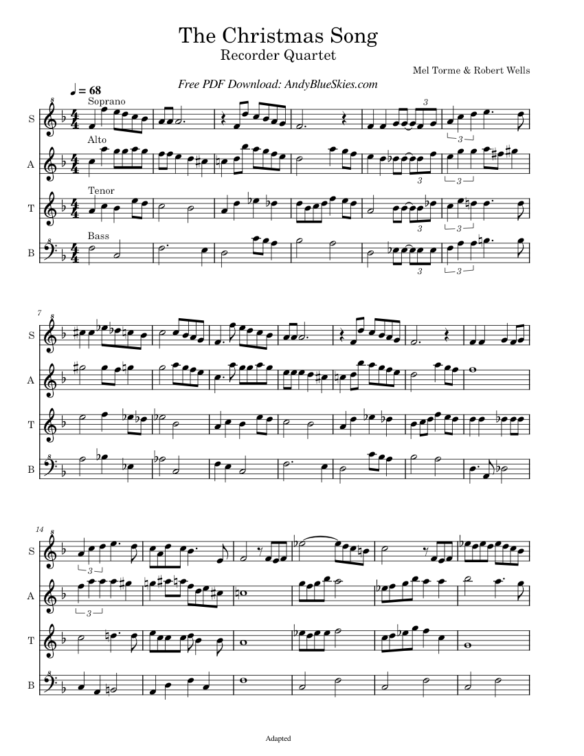 The Christmas Song - Recorder Quartet Sheet Music for Recorder ...