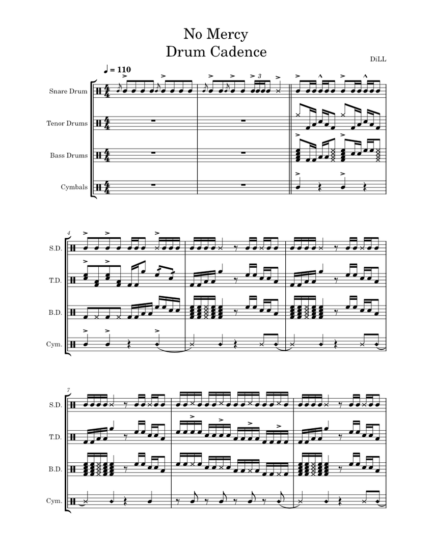 No Mercy (Cadence) Sheet music for Snare drum, Crash, Tenor drum, Bass drum (Marching Band ...