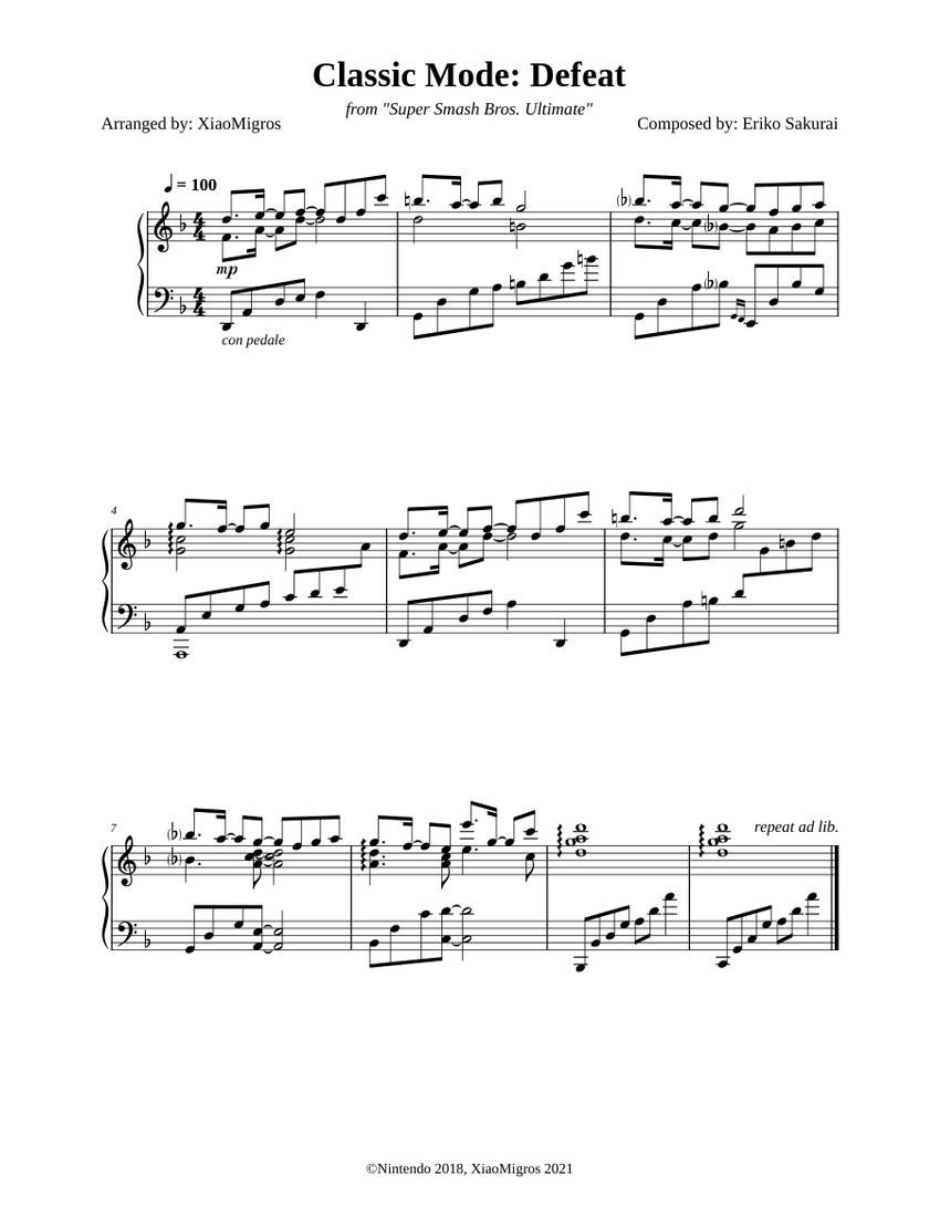 Classic Mode: Defeat - Super Smash Bros. Ultimate Sheet Music for Piano ...