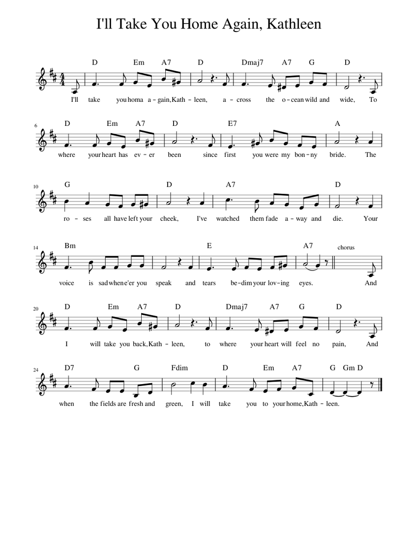 I'll Take You Home Again, Kathleen Sheet Music with Chords for Piano ...