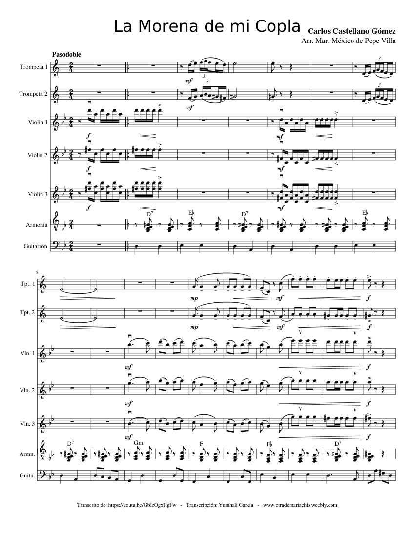 La Morena de mi Copla - Partitura para Mariachi - Versión: Pepe Villa Sheet Music for Trumpet in ...