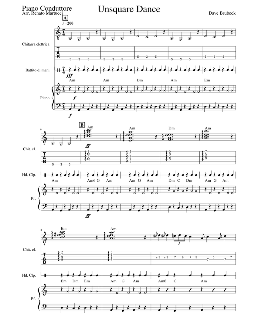 Unsquare Dance-tab Sheet Music for Piano, Guitar, Hand clap (Mixed Trio ...