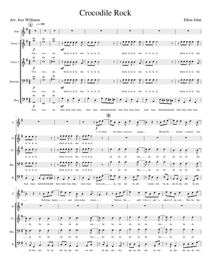 Crocodile Rock Acapella TTBB Sheet Music for Piano (Mixed Quintet ...
