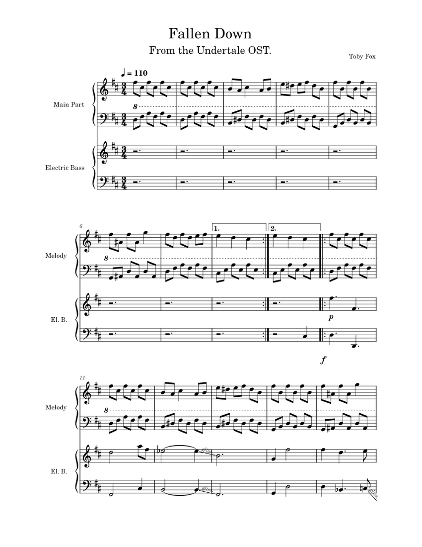 Fallen Down – Toby Fox Sheet music for Piano, Bass guitar (Mixed Duet) | Musescore.com