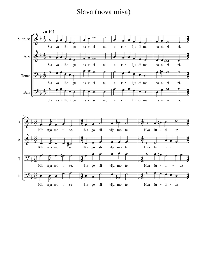 Slava nova misa Sheet Music for Soprano, Alto, Tenor, Bass voice (SATB ...