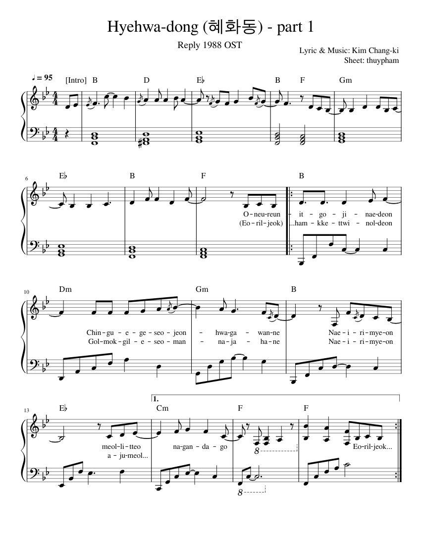 Hyehwa-dong (혜화동) Sheet Music with Chords for Piano (Solo) easy ...