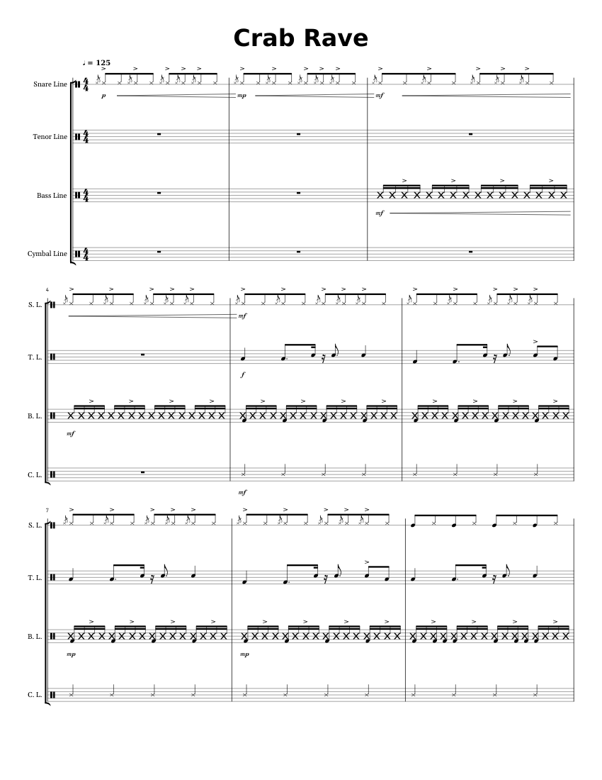 Crab Rave Sheet music for Snare drum, Crash, Tenor drum, Bass drum ...