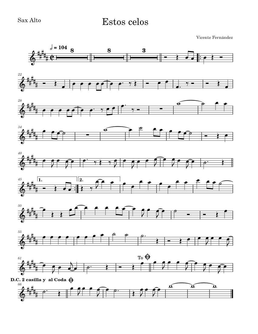 Estos celos – Vicente Fernández (Sax Alto) Sheet Music for Saxophone ...