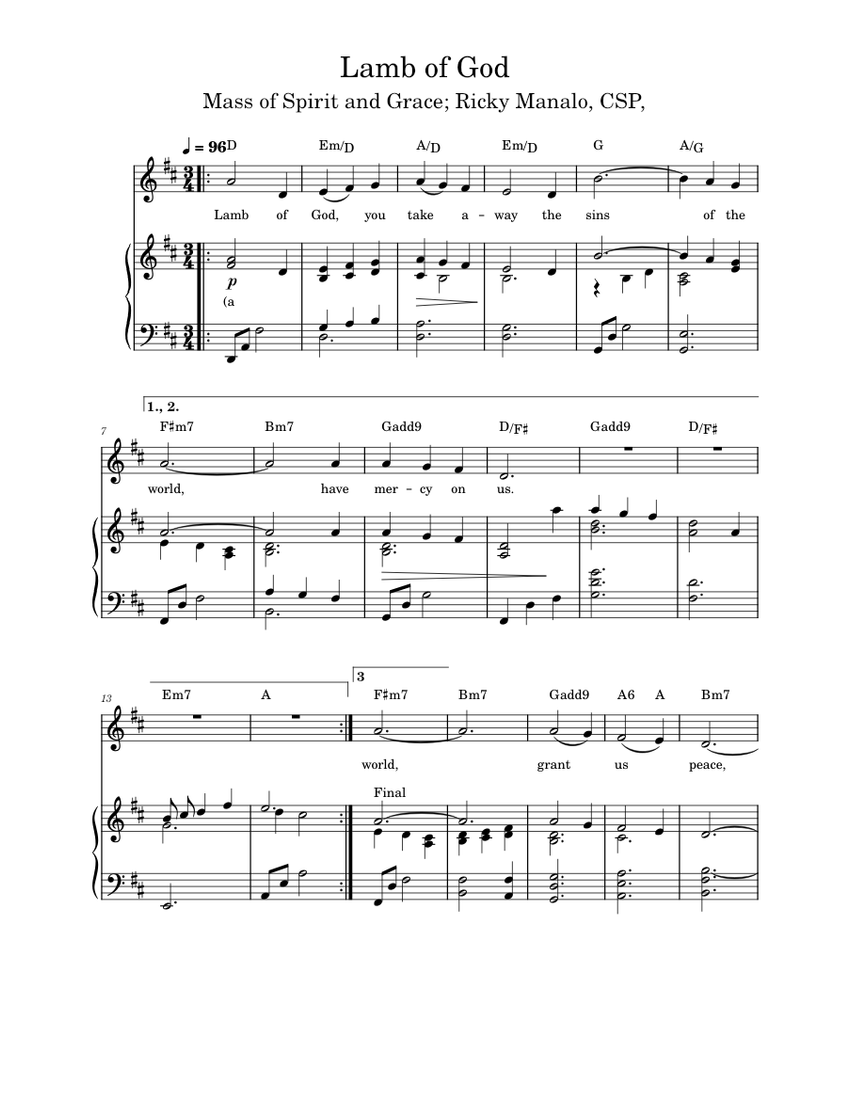 Lamb of God, Mass of Spirit and Grace; Ricky Manalo, CSP, Sheet music ...