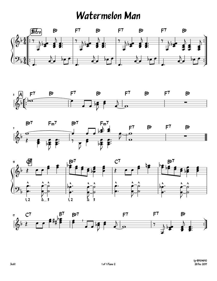 Watermelon Man Sheet Music with Chords for Piano (Solo) easy ...