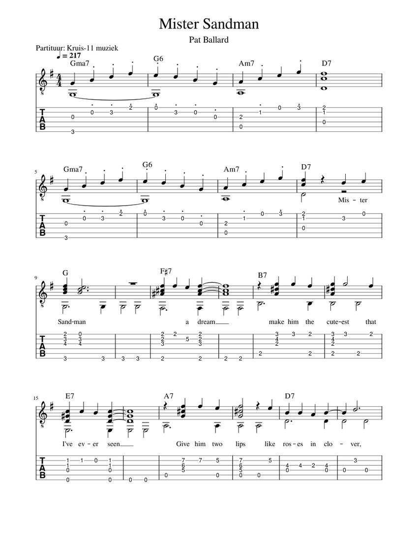 Pat Ballard - Mister Sandman - guitar TAB Sheet music for Guitar (Solo ...