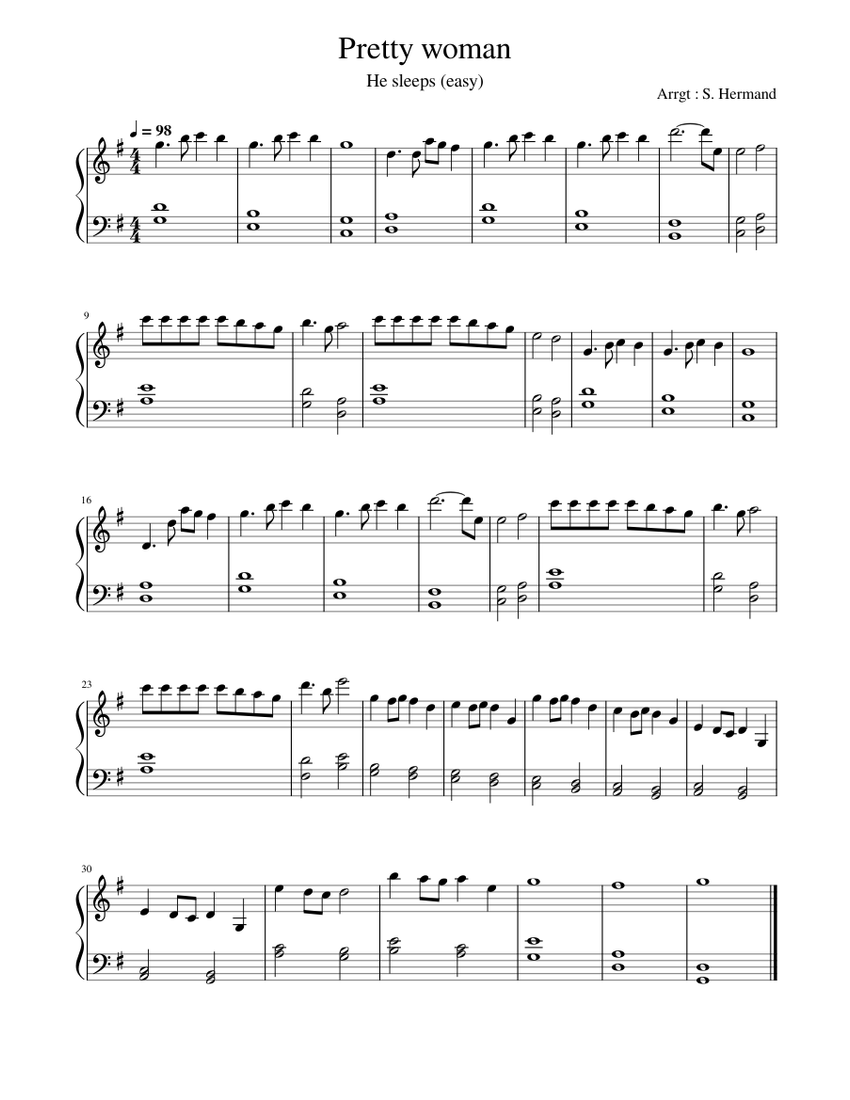Pretty woman he sleeps (easy) Sheet Music for Piano (Solo) | MuseScore.com
