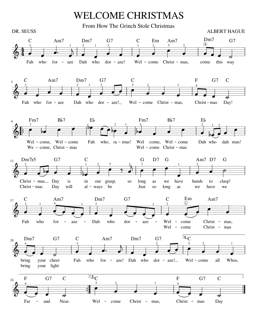 WELCOME CHRISTMAS Sheet Music with Chords for Piano (Solo) easy ...
