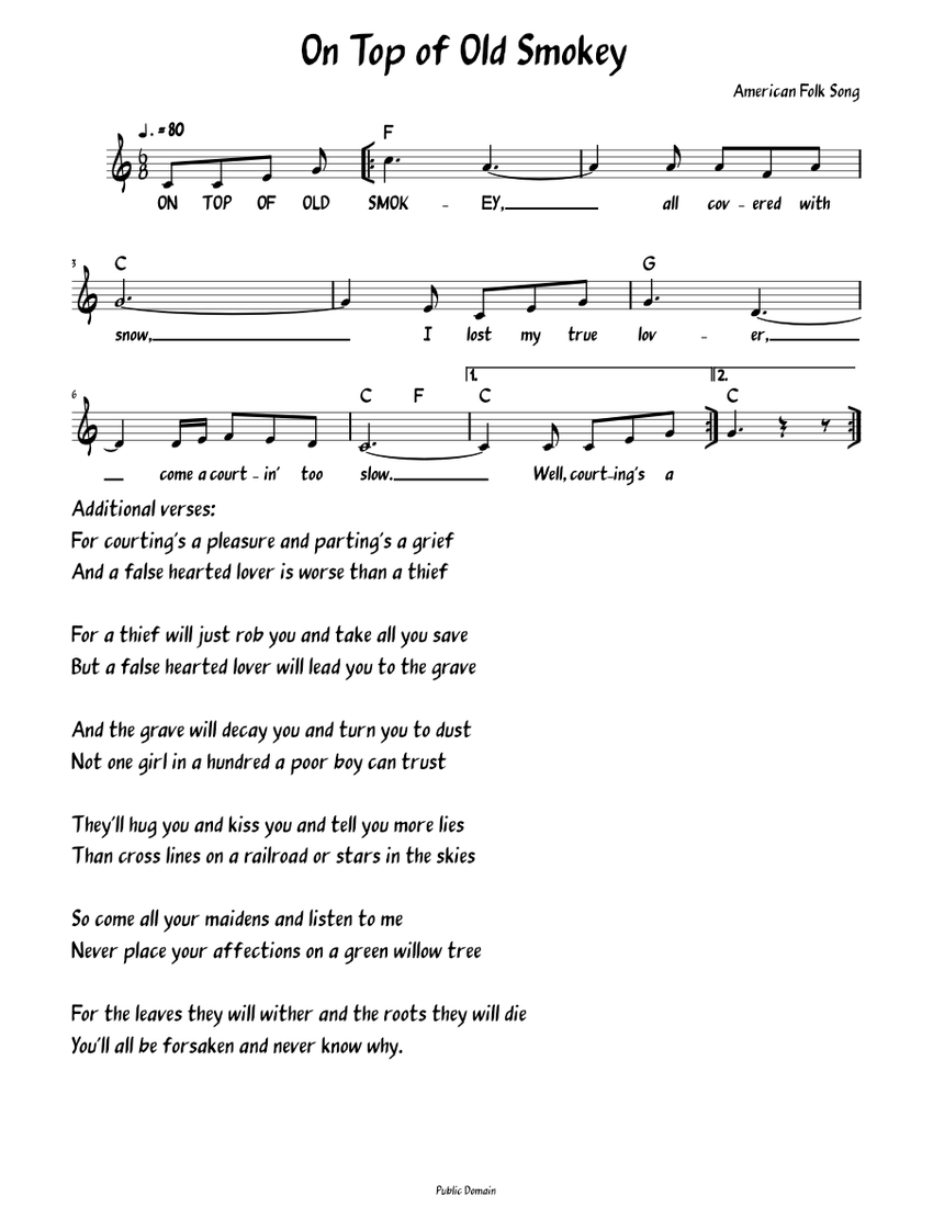 On Top of Old Smokey Sheet Music with Chords for Piano (Solo) Easy ...