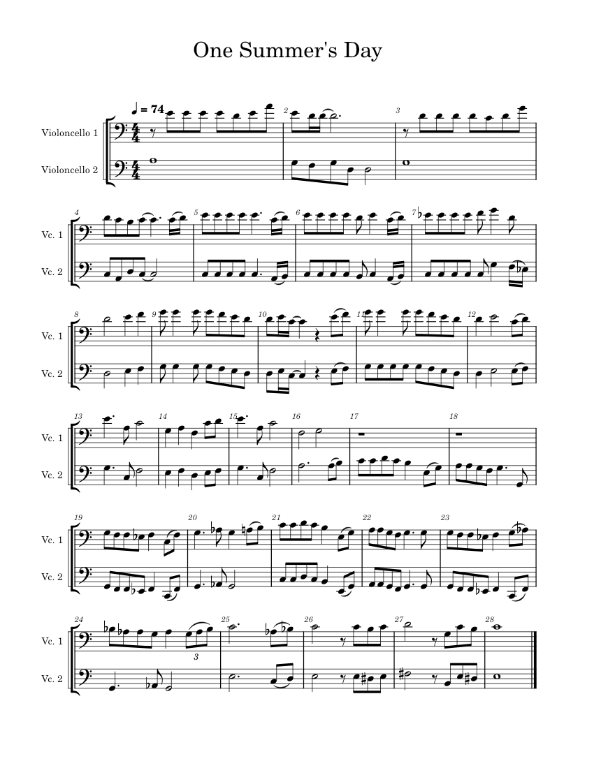 One Summer's Day – Joe Hisaishi Cello duet Sheet Music for Cello ...