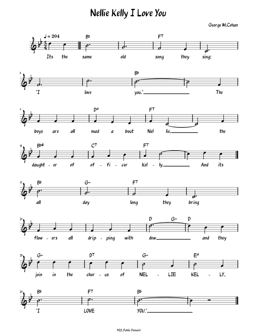 Nellie Kelly I Love You (Lead sheet with lyrics ) Sheet Music with ...